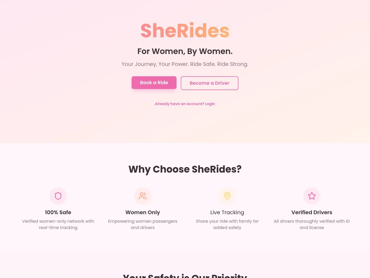 SheRides: Flamingo-Themed Women-Only Ride-Booking Platform
