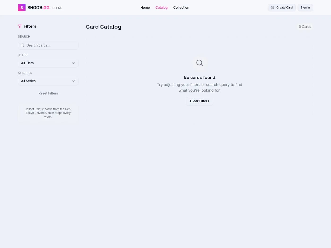 Shoob.gg Card Collector Clone with Unique Card Designs