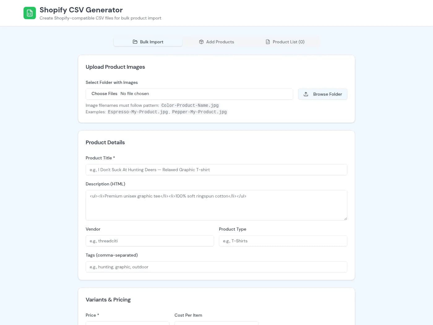 Shopify Product CSV Generator