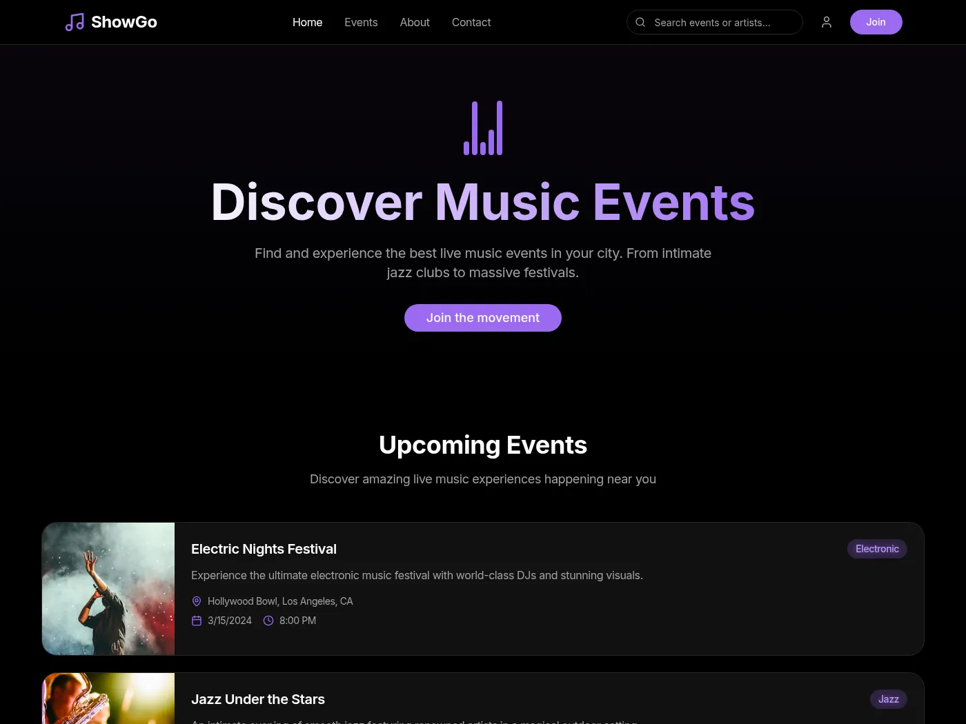 ShowGo Futuristic Music Event Discovery Homepage