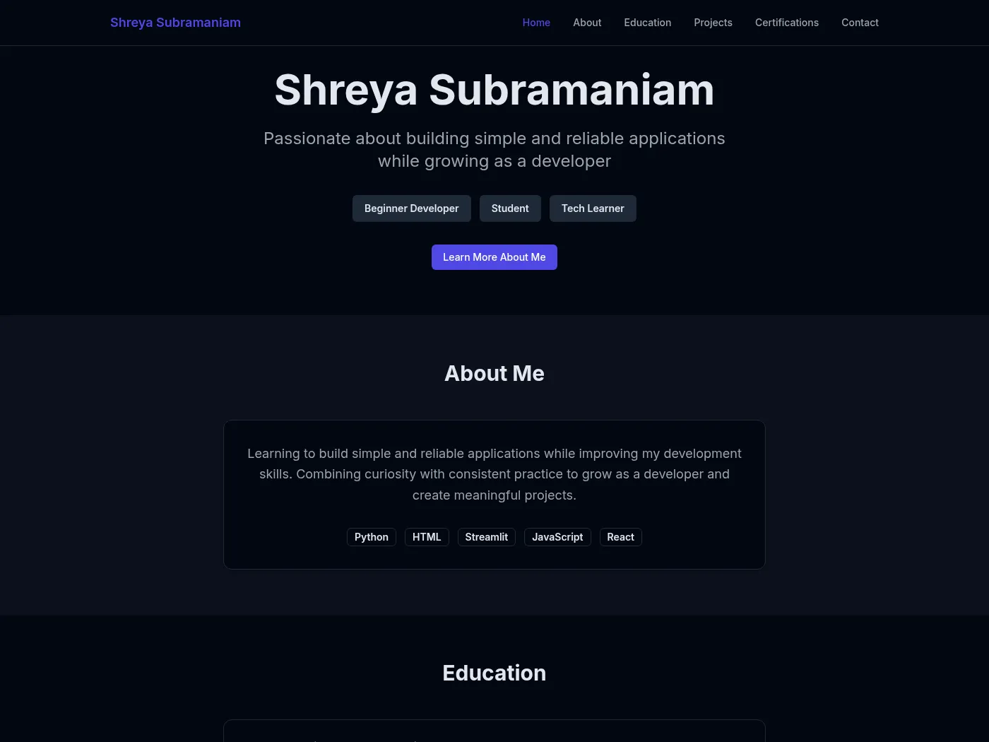 Shreya Subramaniam Portfolio – Clean & Modern Single-Page Website