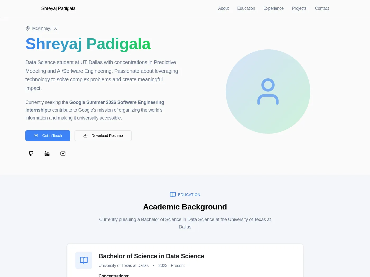 Google Internship Application Portfolio Site for Shreyaj Padigala
