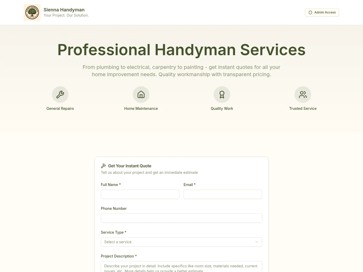 Sienna Handyman Instant Quote & Admin Portal