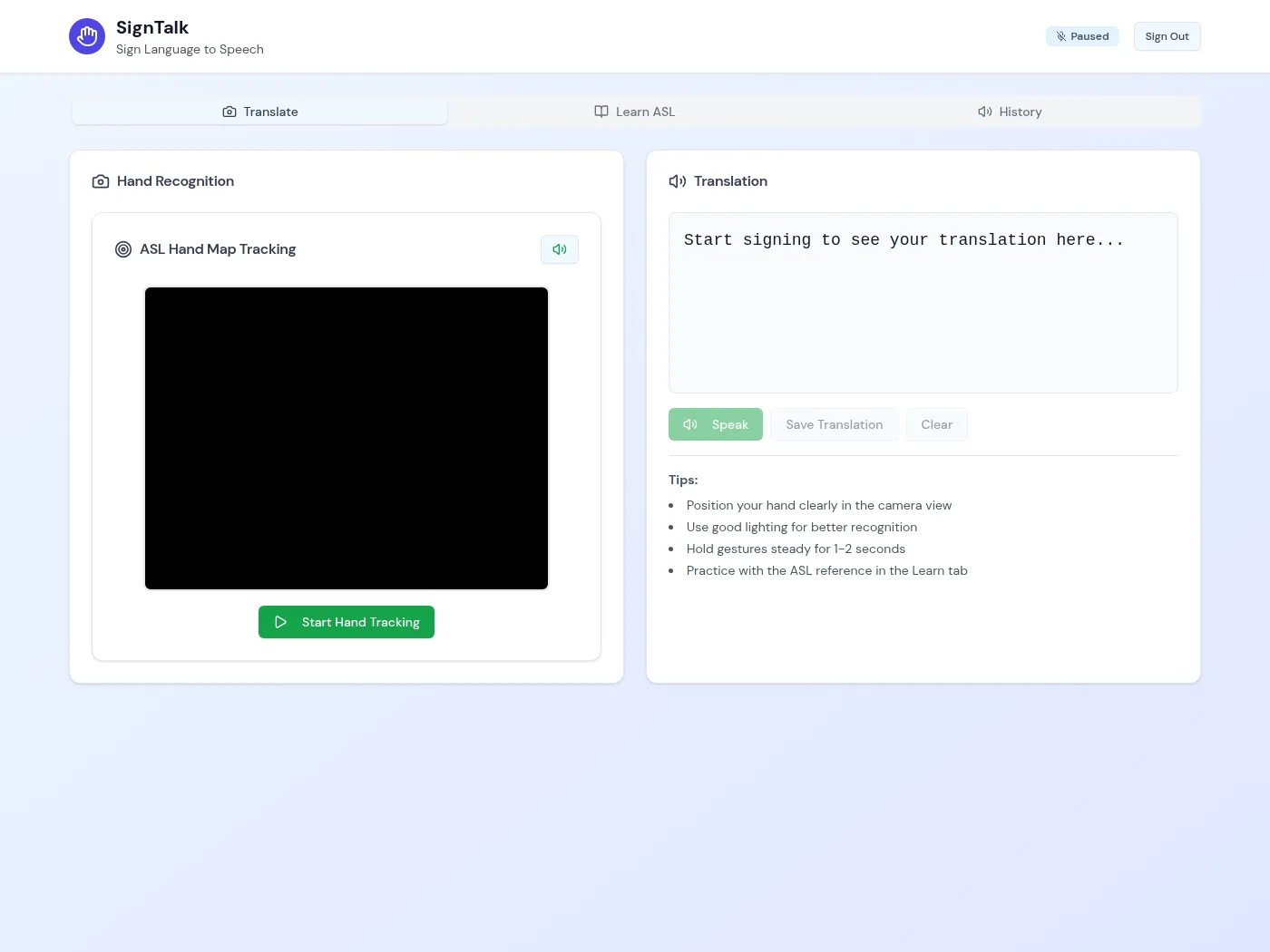 SignTalk: Real-Time Sign Language to Speech Converter