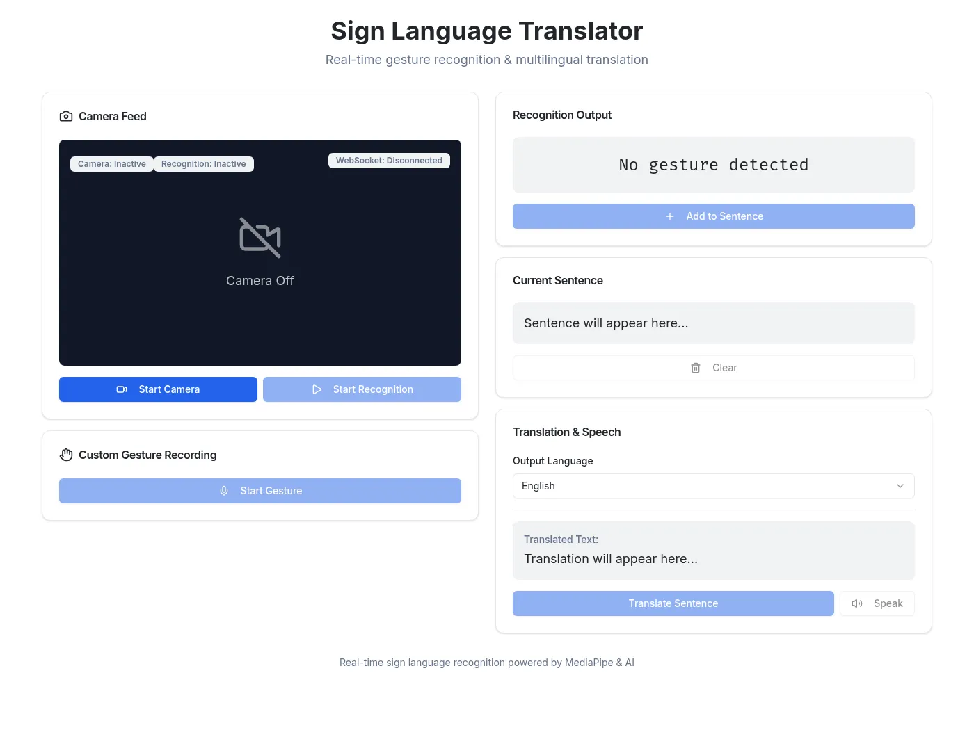 Sign Language Translator – Real-Time Gesture Recognition & Multilingual Output Web App