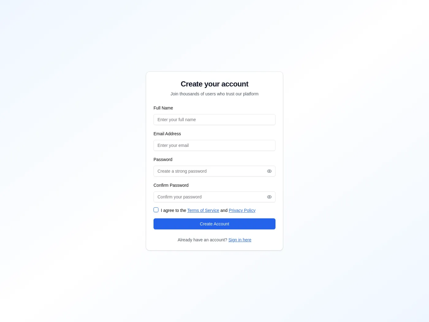 User Registration Sign Up Page