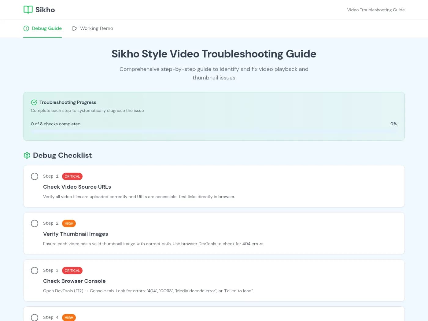 Sikho Style Video Playback & Thumbnail Debug Guide