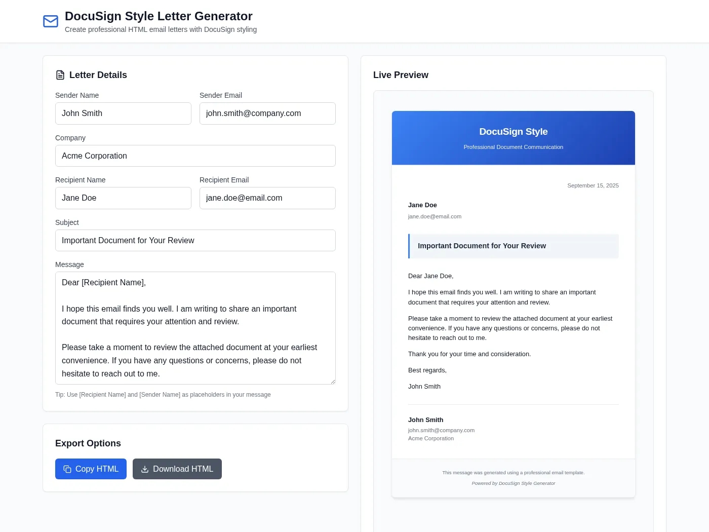 Simple DocuSign HTML Email Letter Generator