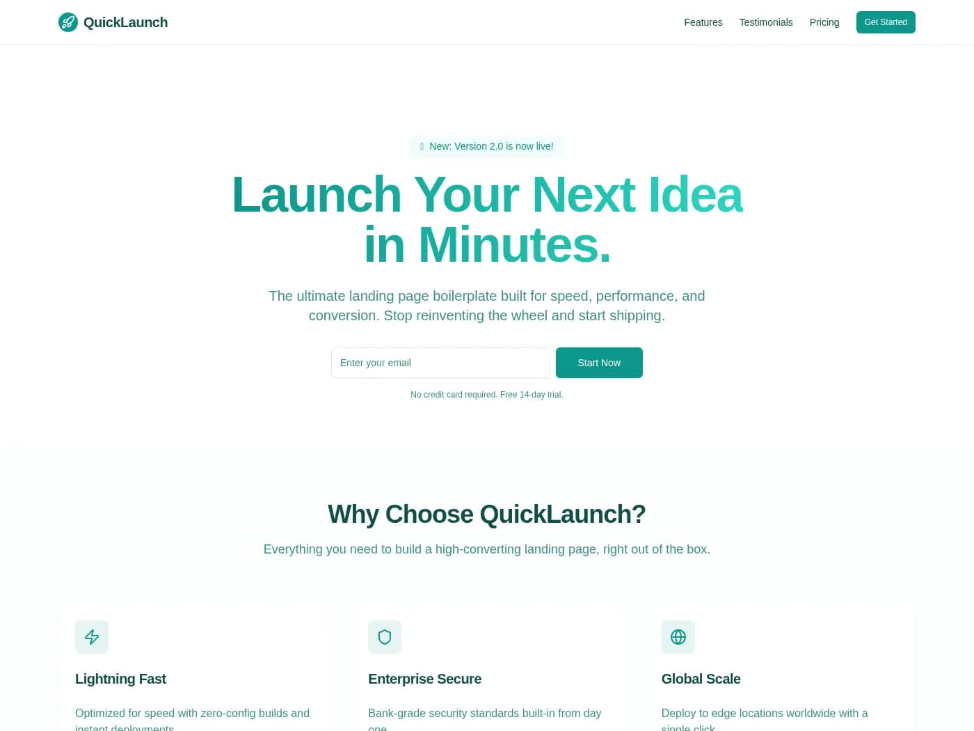 QuickLaunch Landing Page