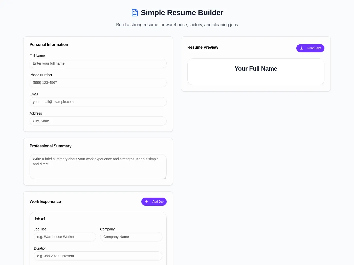Simple Resume Builder for Warehouse, Factory, and Cleaning Jobs