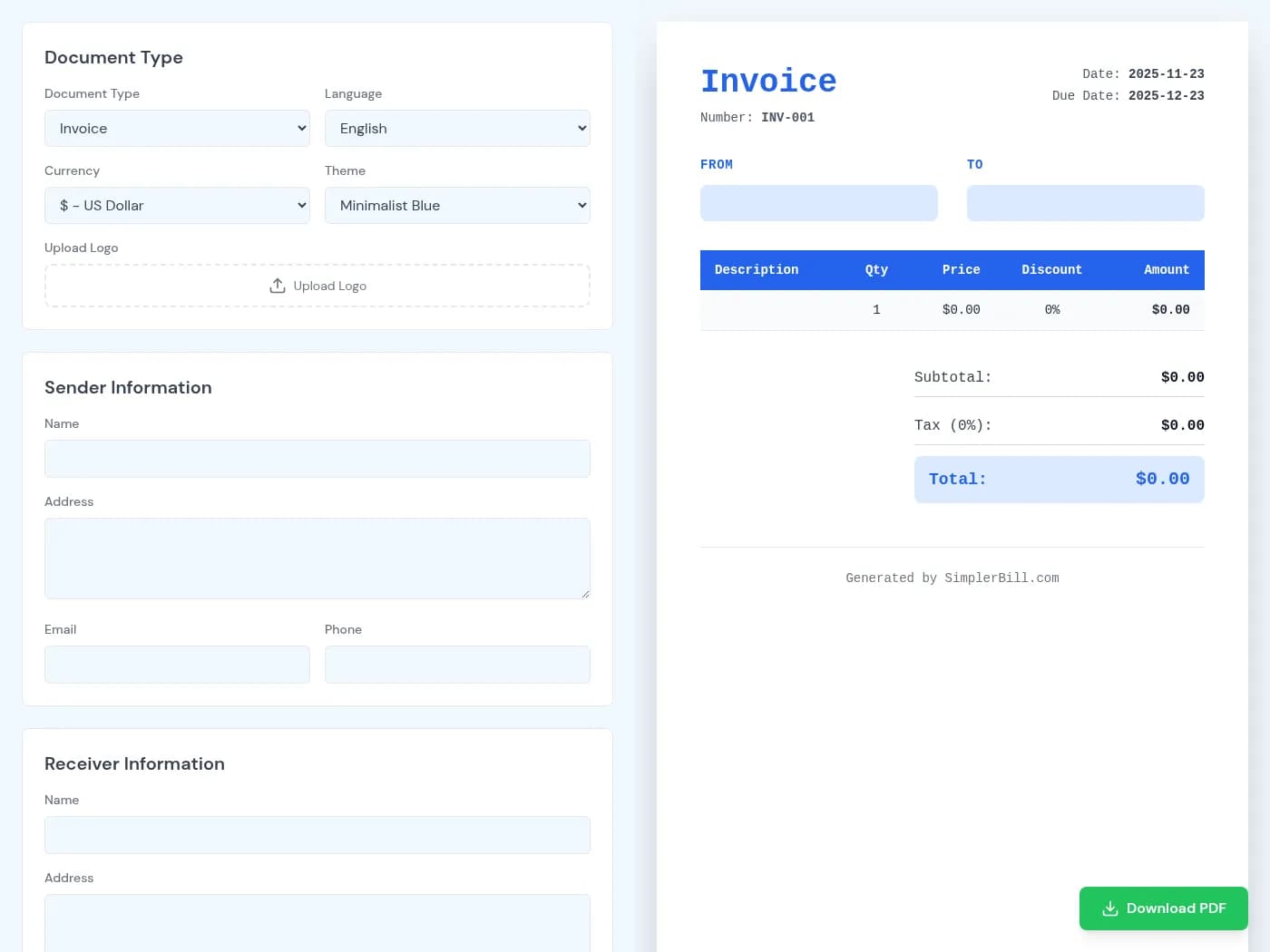 SimplerBill: Instant Invoice & Receipt Generator for the Web