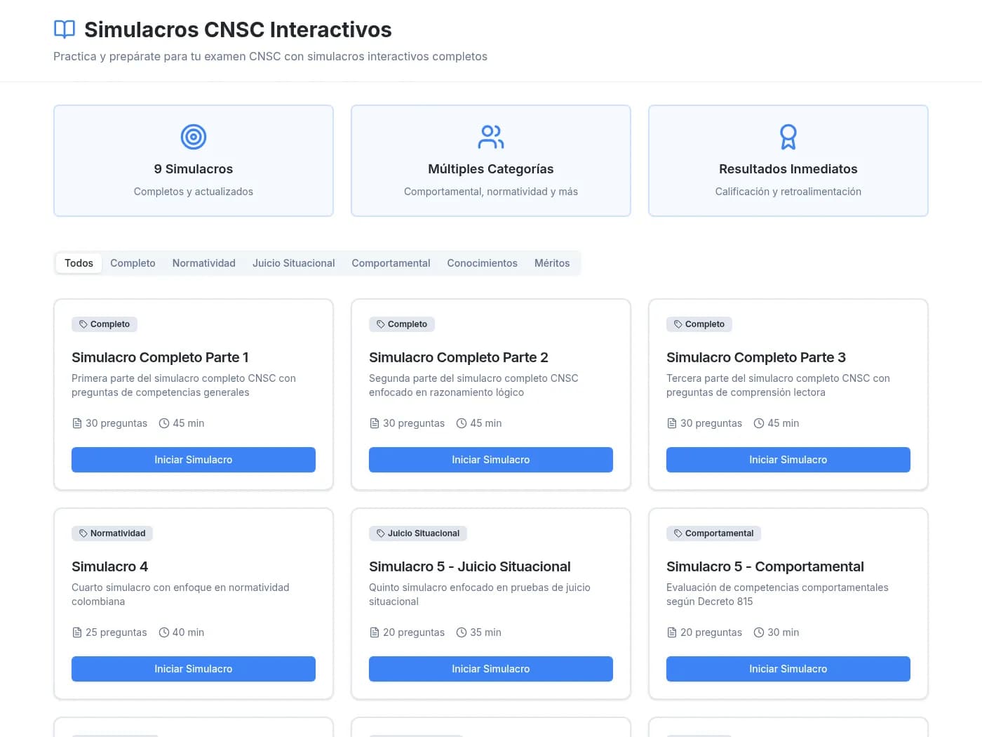 Simulacros Interactivos CNSC en una Página Web