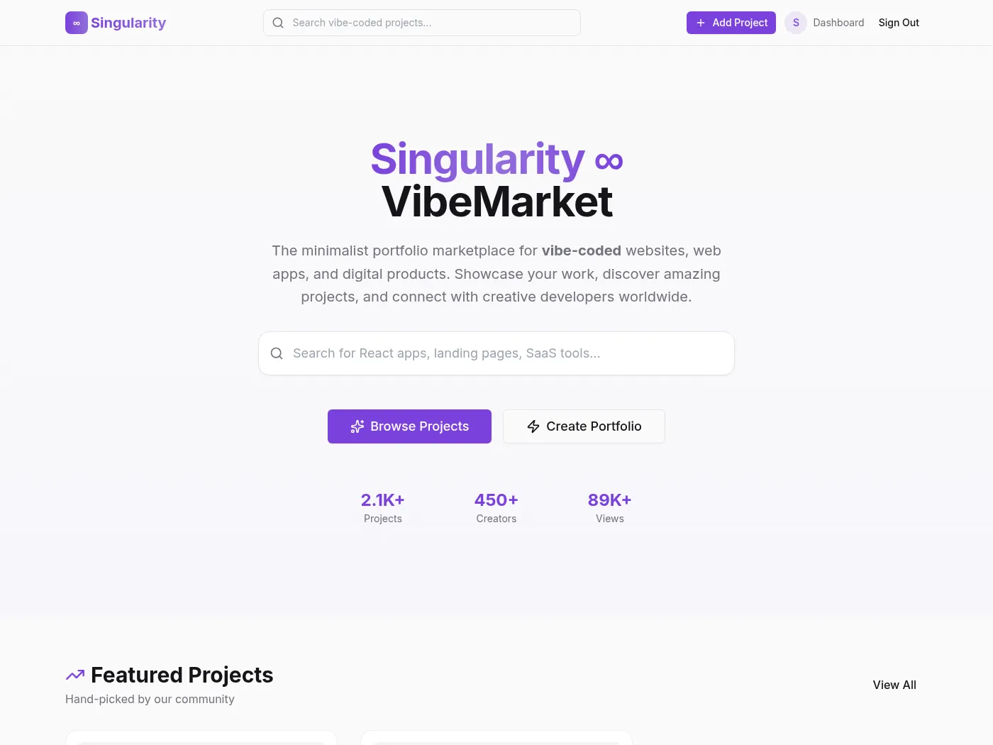 Singularity ∞ VibeMarket – Minimalist Portfolio & Marketplace for Vibe-Coded Apps