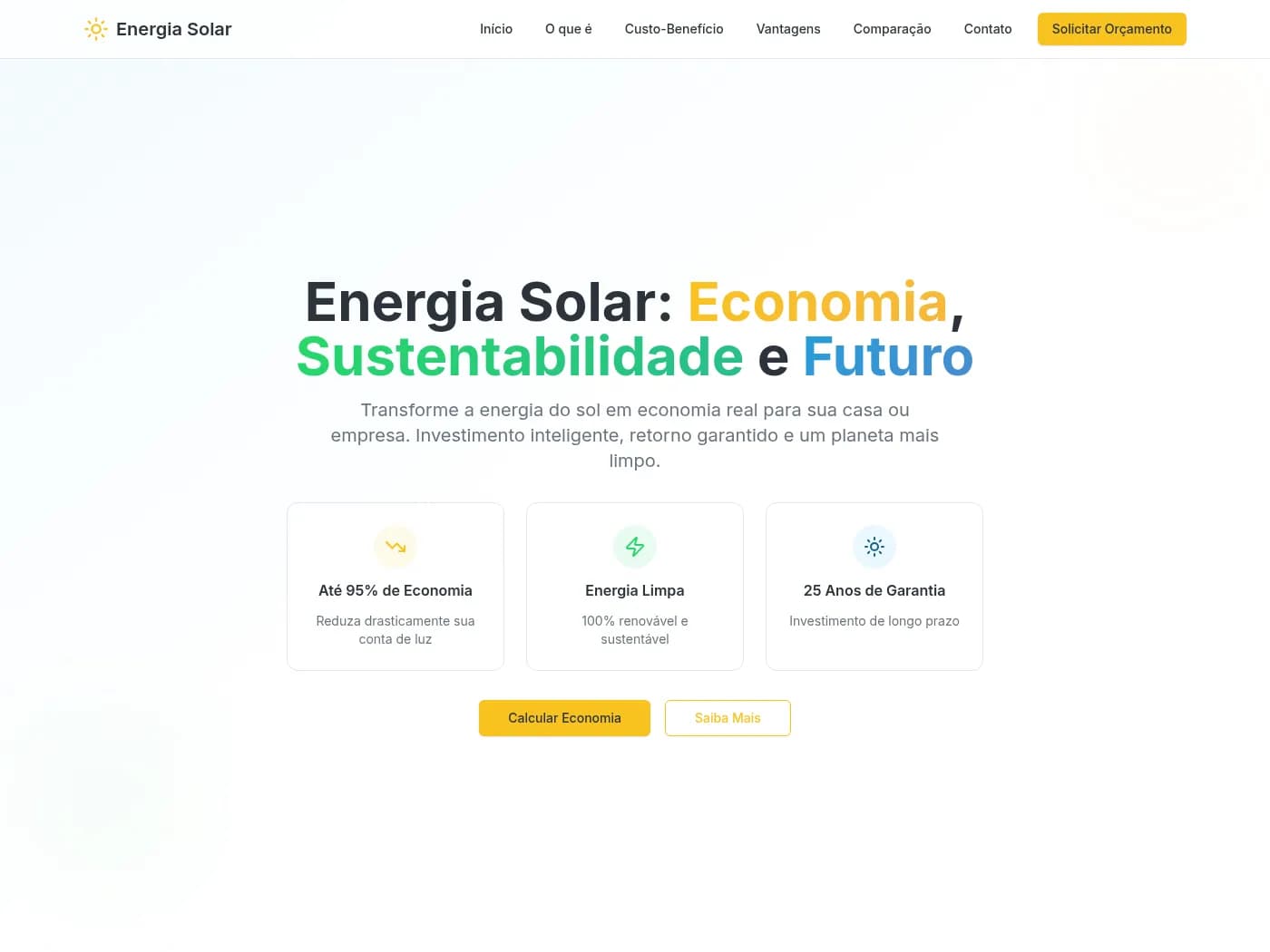 Energia Solar: Website Moderno e Informativo Sobre É Economia, Sustentabilidade e Futuro