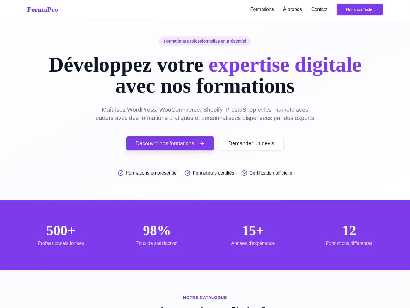 Élégant site de formations digitales en présentiel