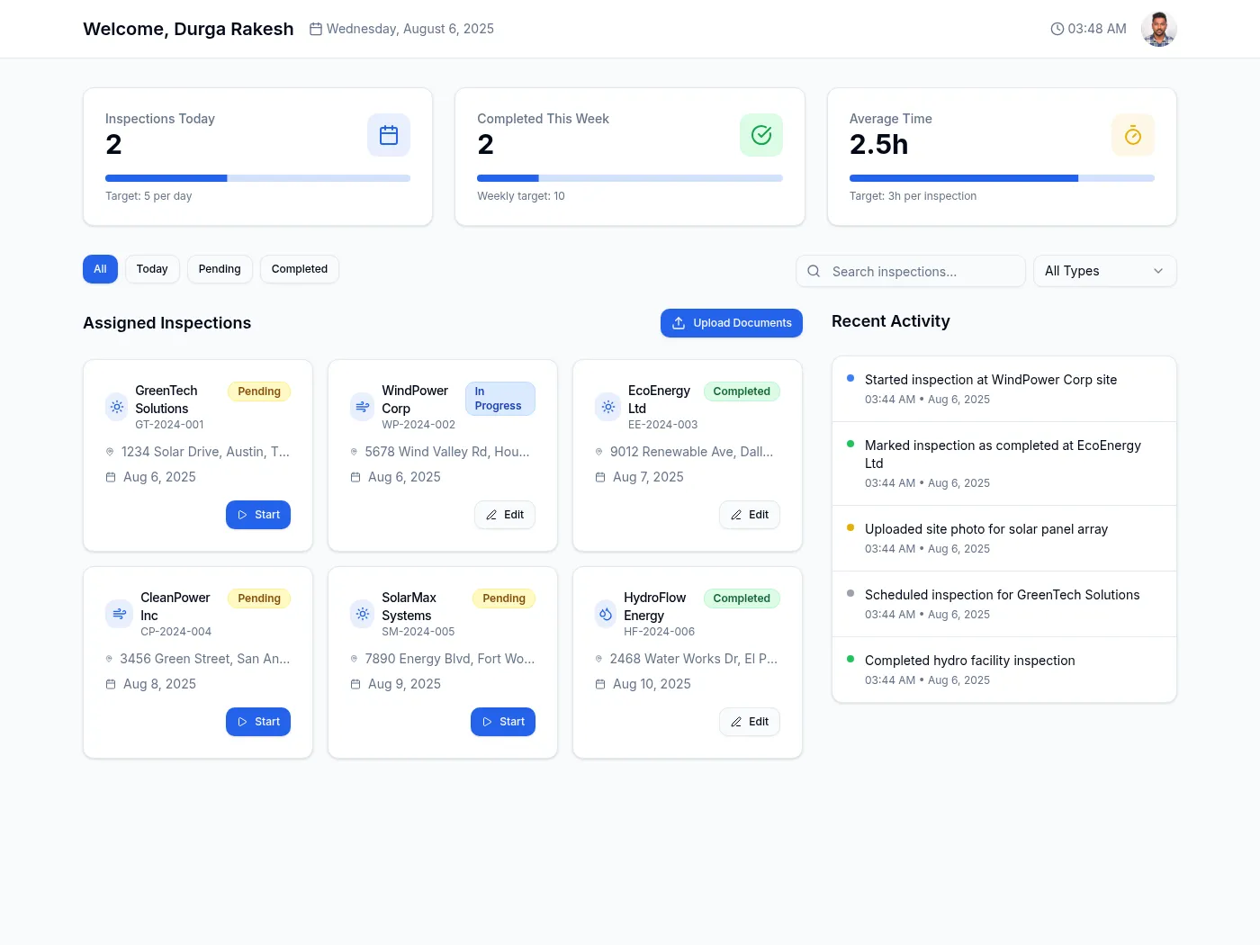 Site Inspection Engineer Dashboard