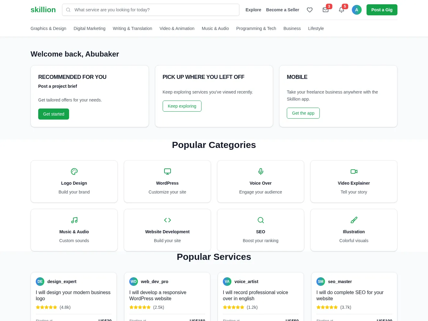 Skillion: Modern Fiverr-Style Freelance Marketplace Web App