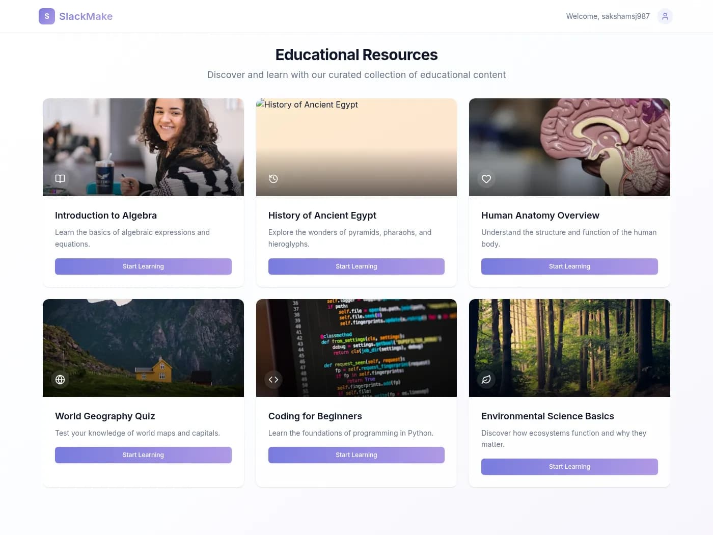 SlackMake Clone – Educational App Demo with Auth, Home Cards, and Profile