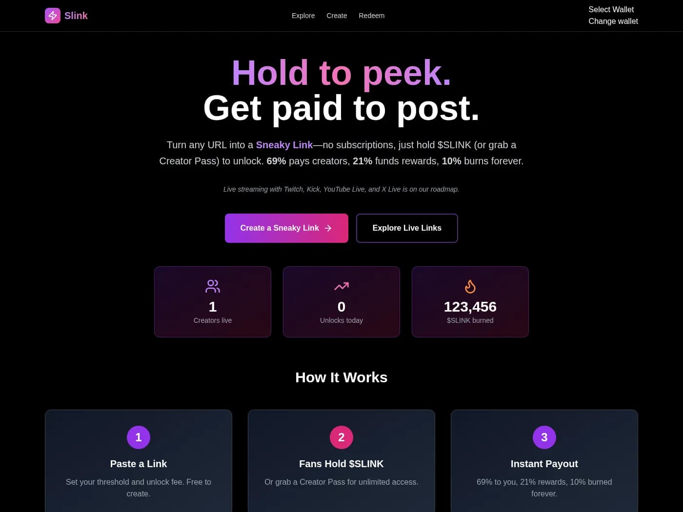 Slink: Hold-to-Peek Links & Creator Pass MVP with Wallet Adapter, Express API, and Live Leaderboards