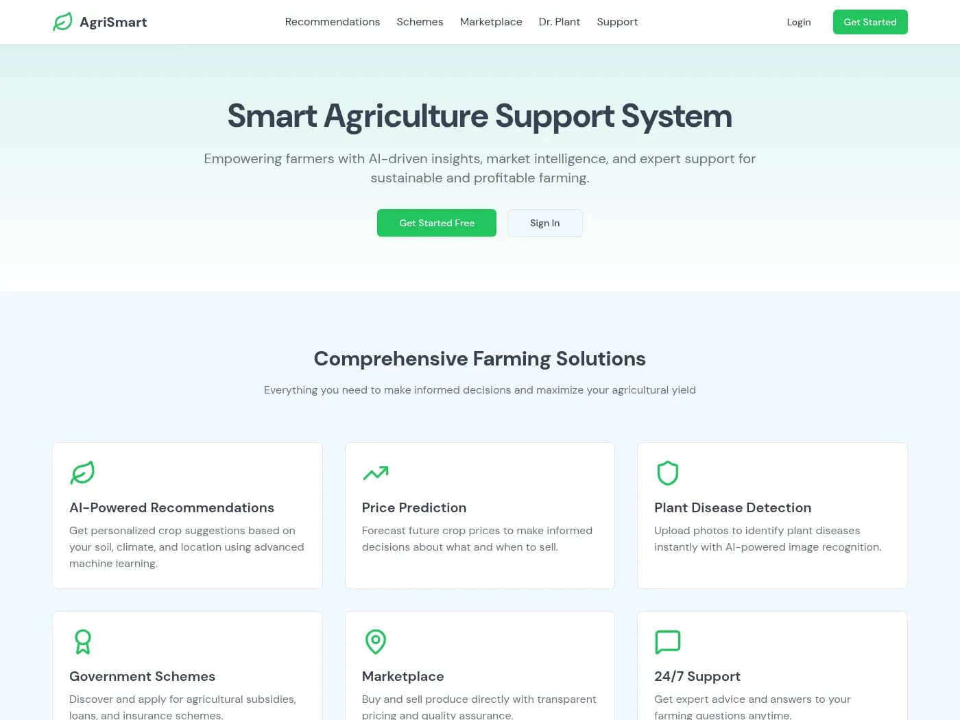 Smart Agriculture Support System For Farmers (MERN, ML, Recommendation, Marketplace)