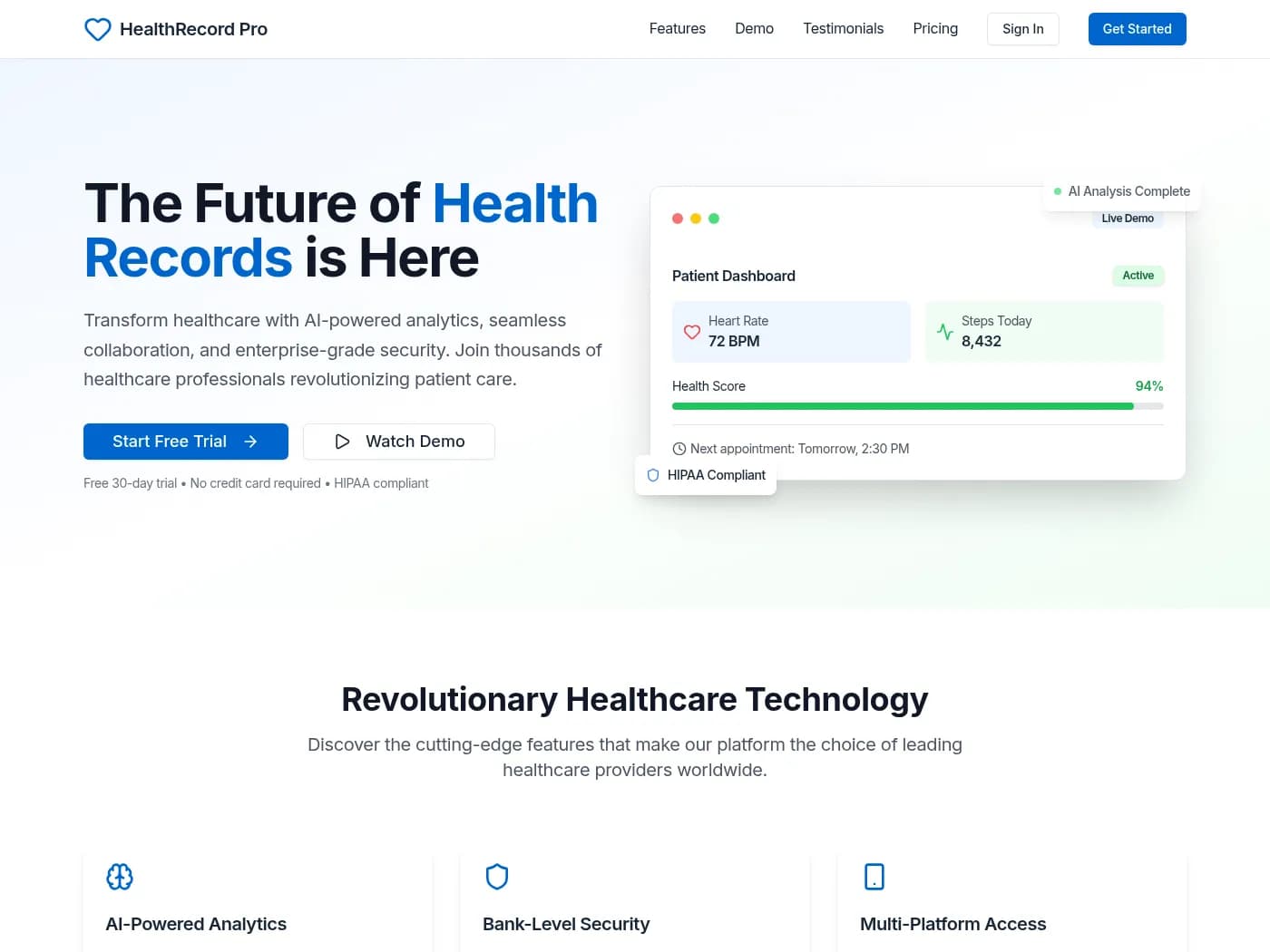 Smart Health Record System Landing Page
