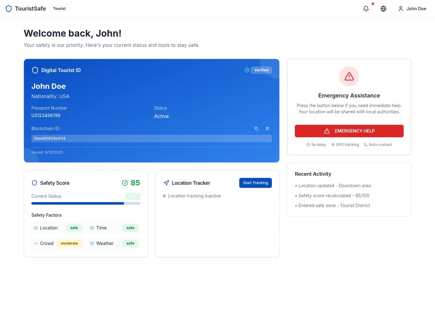 Smart Tourist Safety Platform: Blockchain-Based ID, AI-Powered Risk Detection, and Multilingual Support for Tourists and Authorities