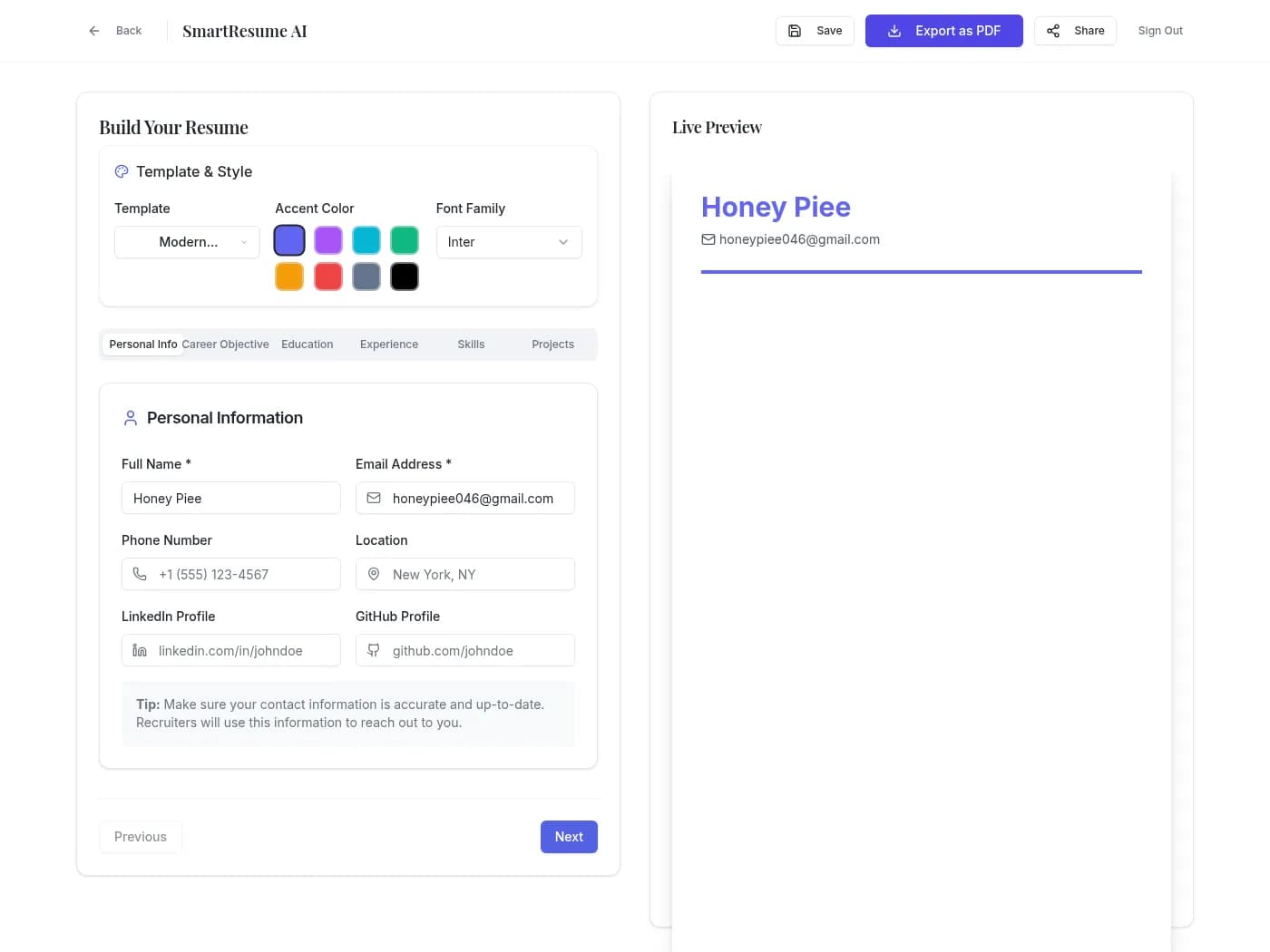 SmartResume AI – Intelligent Resume Builder with AI & Real-Time Preview