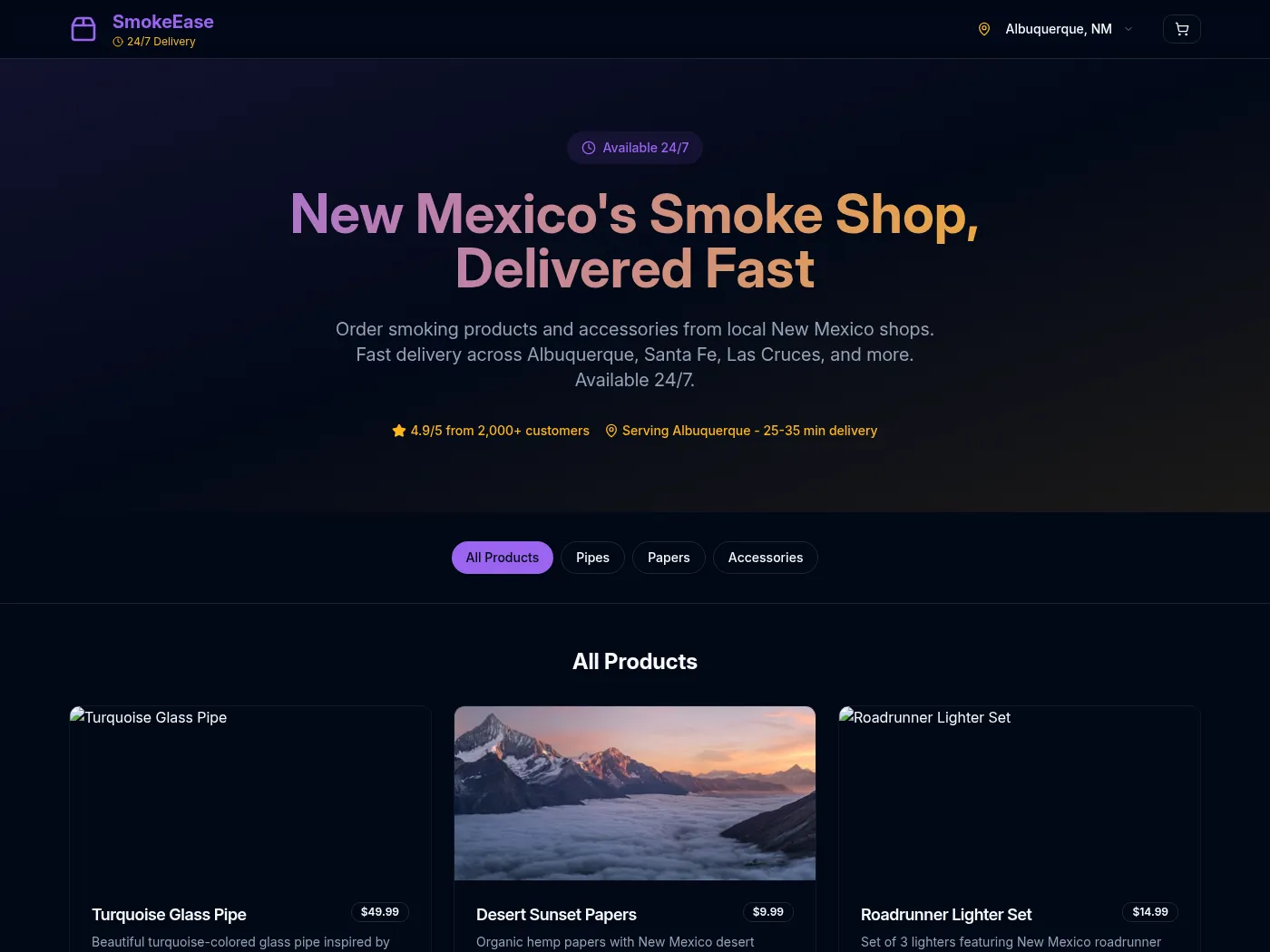 SmokeEase: 24/7 Smoking Products Delivery Service
