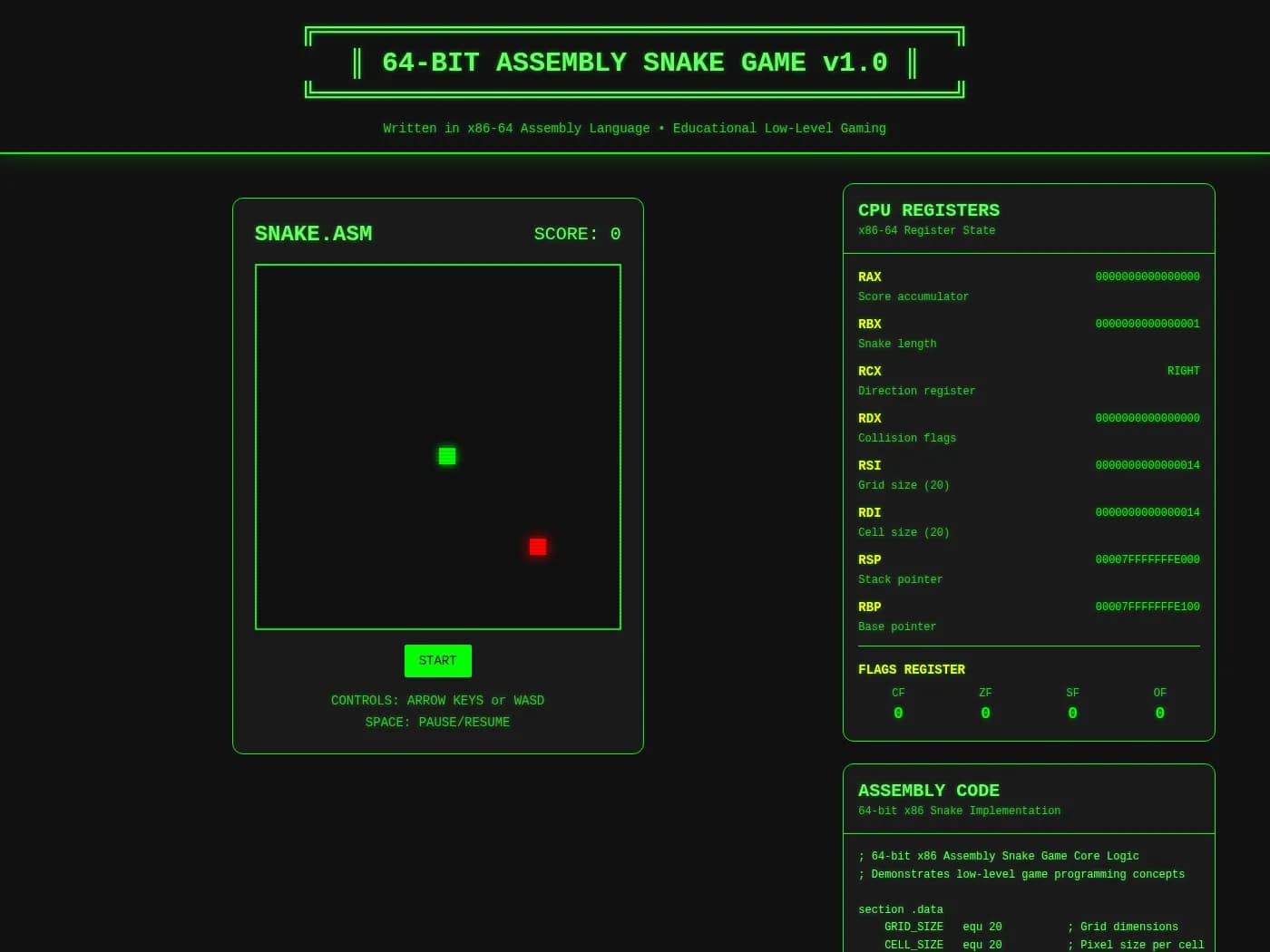 Classic Snake Game in 64-bit Assembly