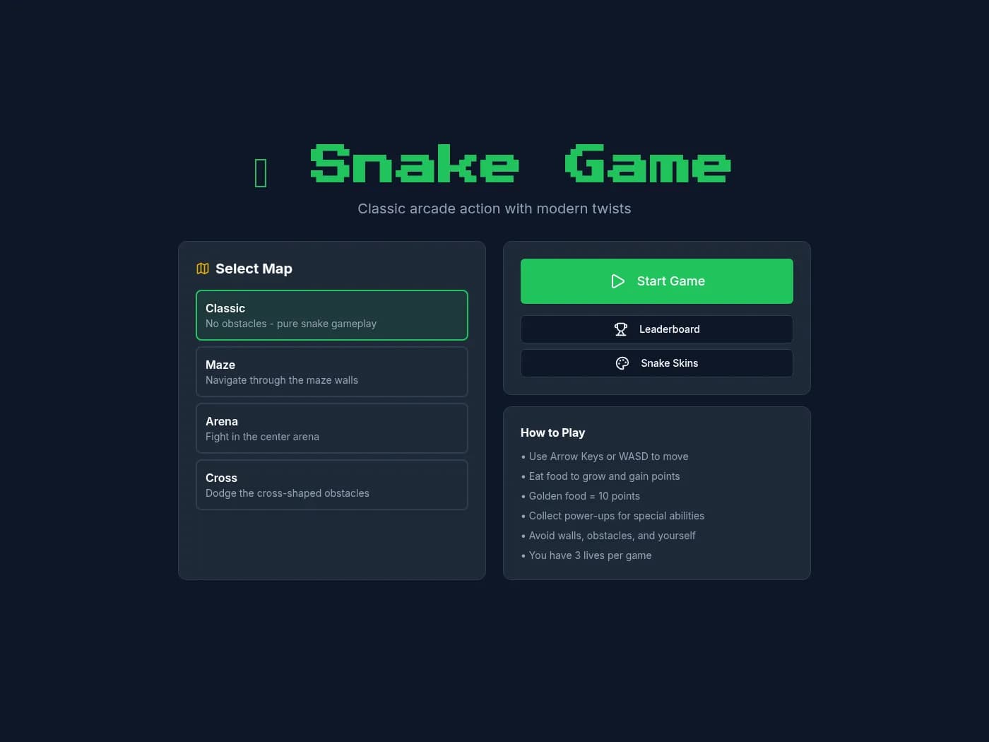 Snake Game Deluxe: Classic Arcade Action with Leaderboards and Skins