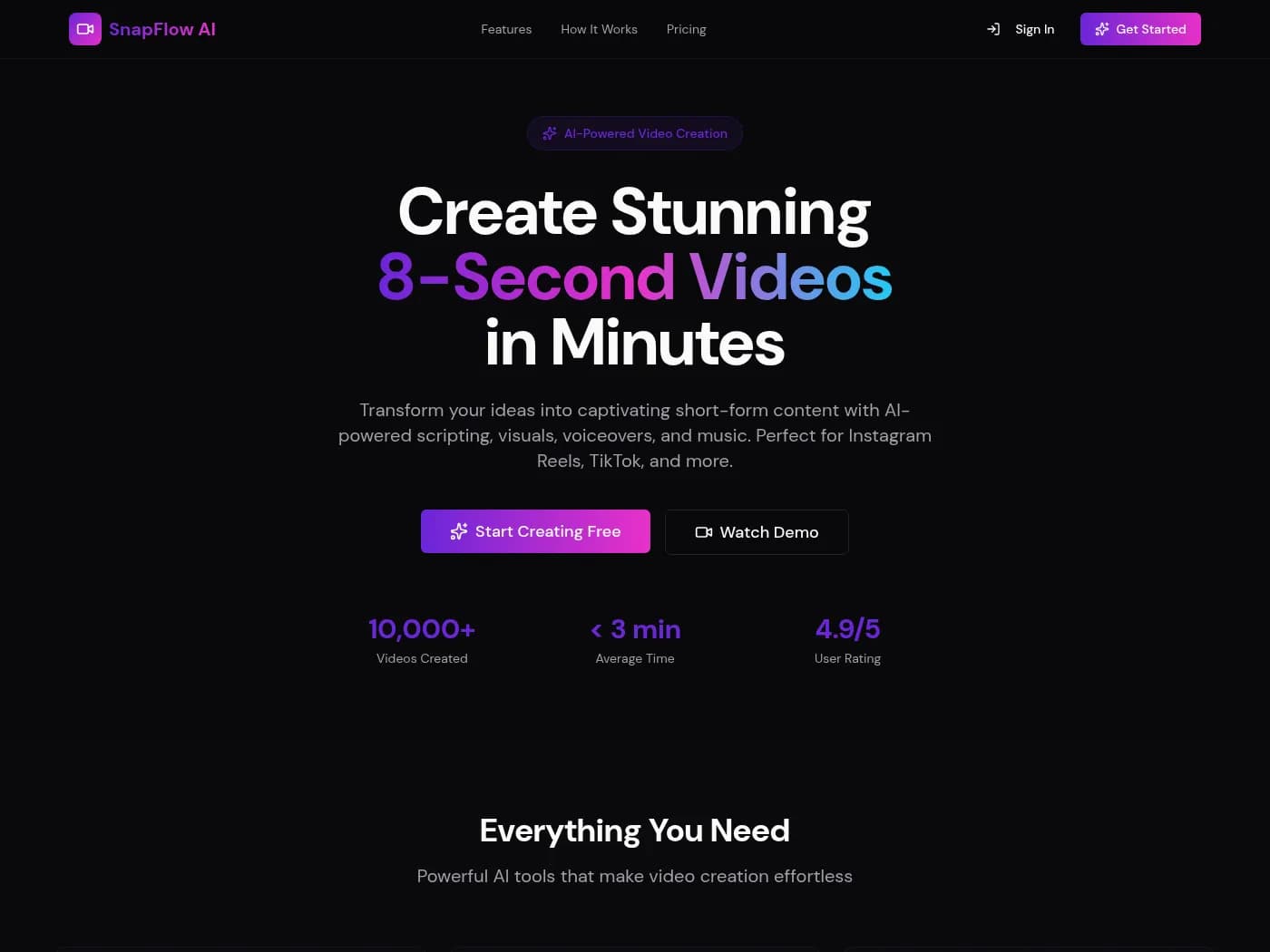 SnapFlow AI: Personalized 8-Second Video Generator with AI Scripts & Visuals