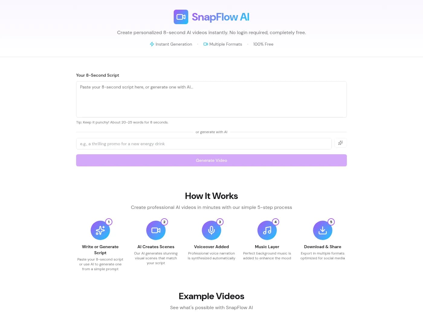 SnapFlow AI – Instant, Personalized 8-Second AI Video Generator (No Login, Free)