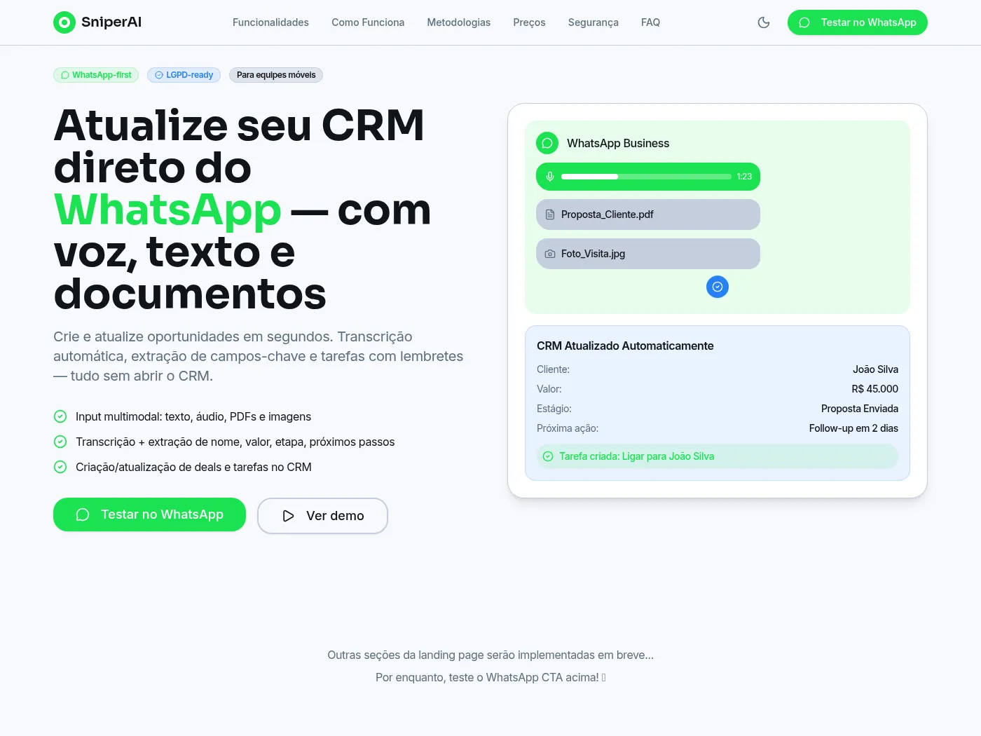 SniperAI Landing Page — Captação de Leads via WhatsApp com IA para CRM