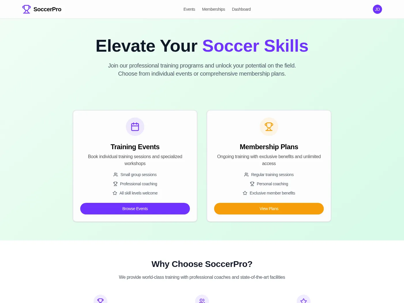 Soccer Training Web App for Events & Memberships