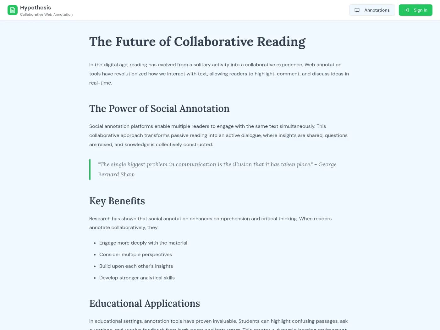 Collaborative Web Annotation Platform with Hypothesis