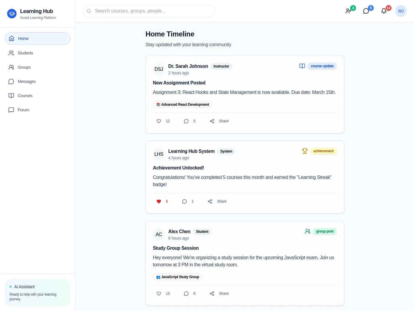 Social Learning Hub: Modern LMS with Social Media UI