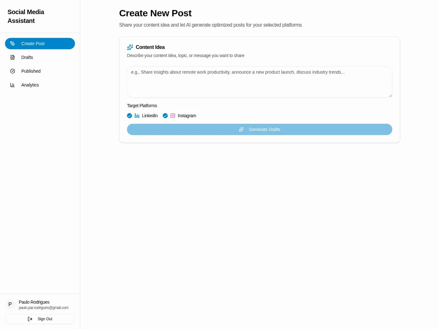 Social Media Post Drafting & Publishing Assistant for LinkedIn and Instagram