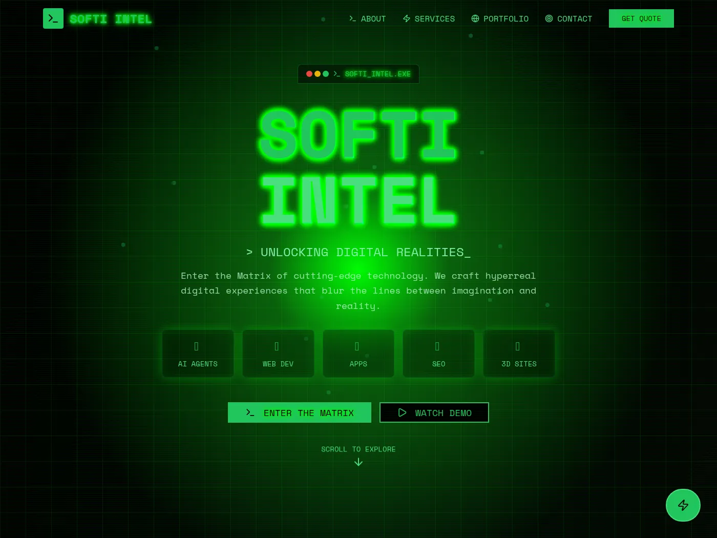 Softi Intel: Ultra-Premium Matrix-Themed Web Experience with Hyperreality & AI