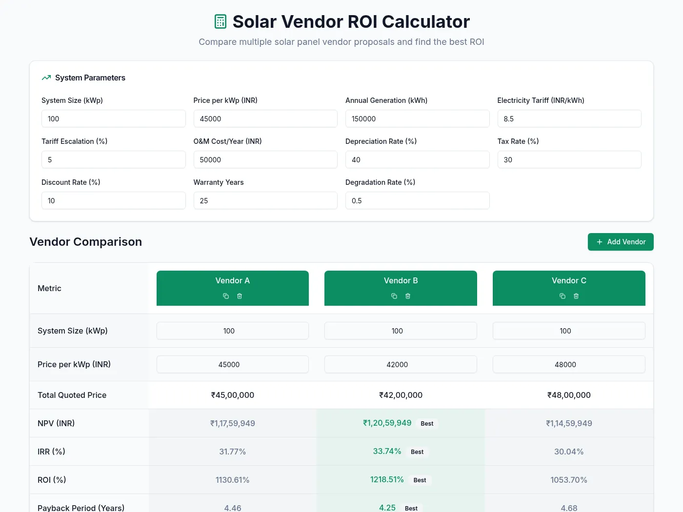 Solar Vendor ROI Calculator & Comparison Tool