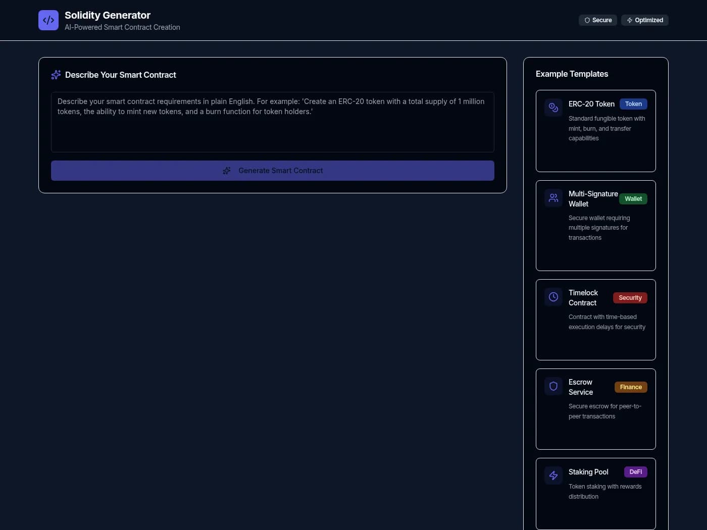 Solidity Smart Contract Generator for Secure, Optimized Code
