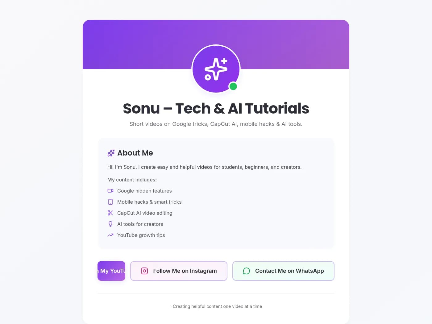 Sonu – Tech & AI Tutorials One-Page Portfolio