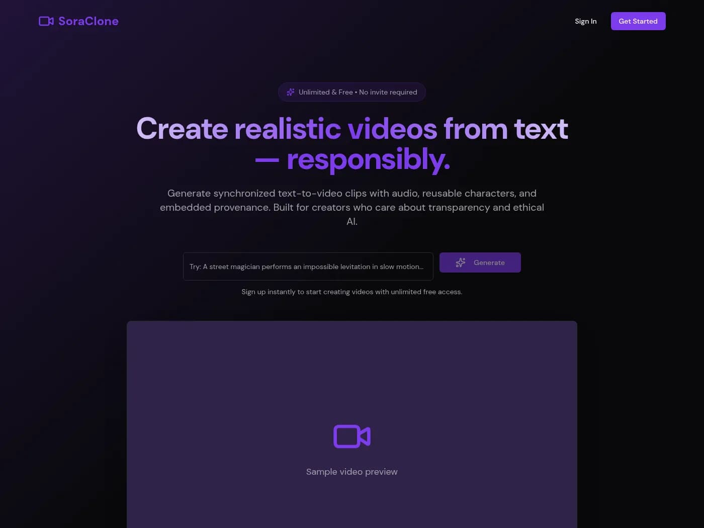 SoraClone - Responsible Text-to-Video Platform with Audio, Custom Characters, and Social Features