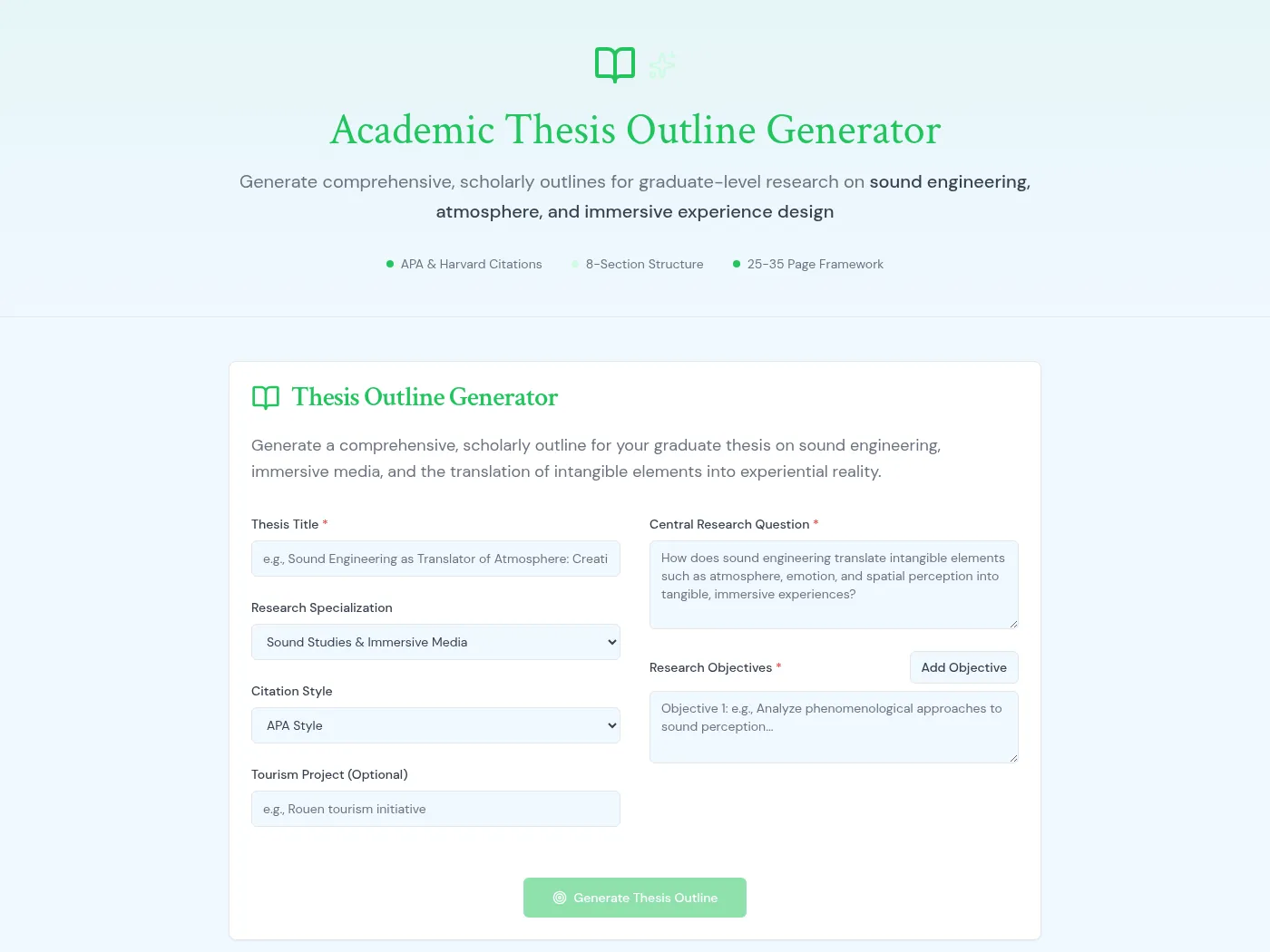 Thesis Outline Generator for Sound Engineering, Atmosphere, and Experience