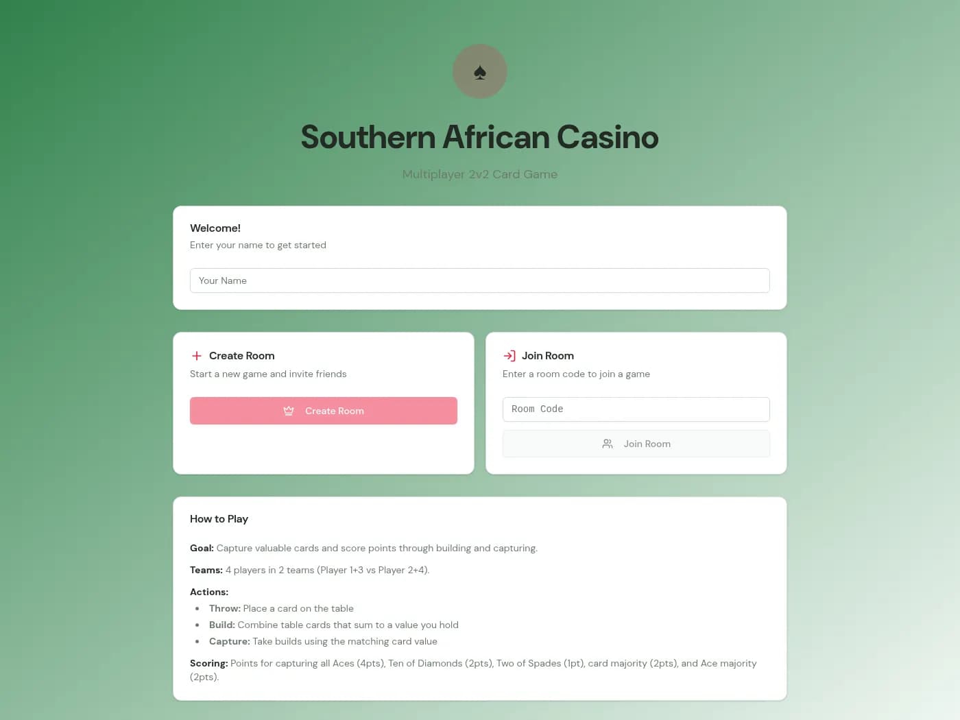 Southern African Casino Online: Multiplayer 2v2 Card Game Platform