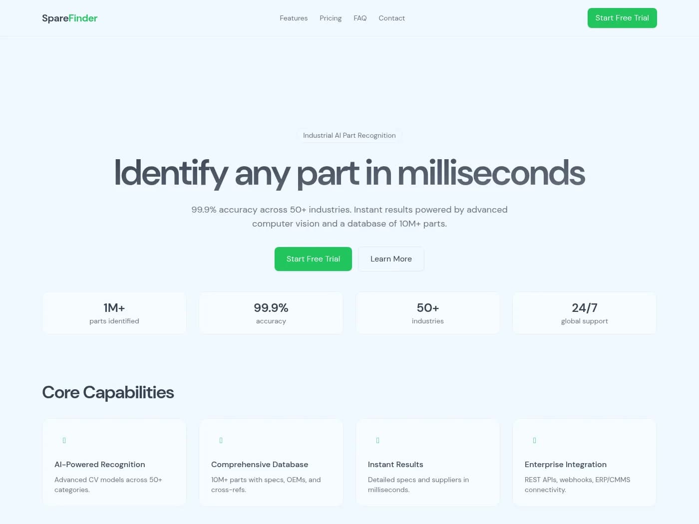 SpareFinder — Futuristic 3D Landing Page for AI Part Recognition SaaS