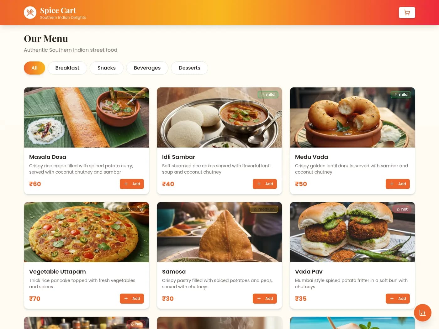 Spice Cart – Mobile-First Street Food Ordering Website for Southern India