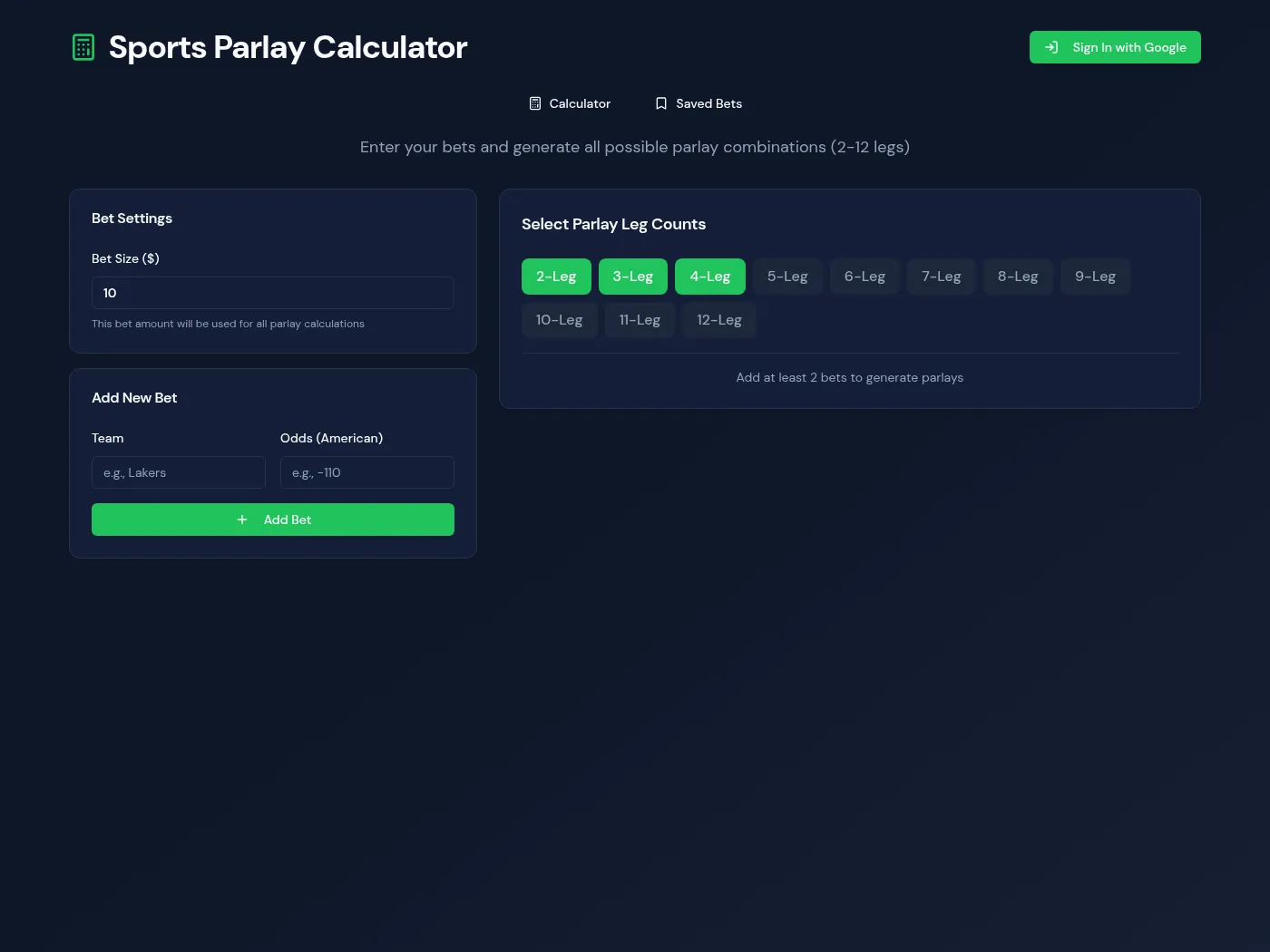 Sports Parlay Generator and Odds Calculator