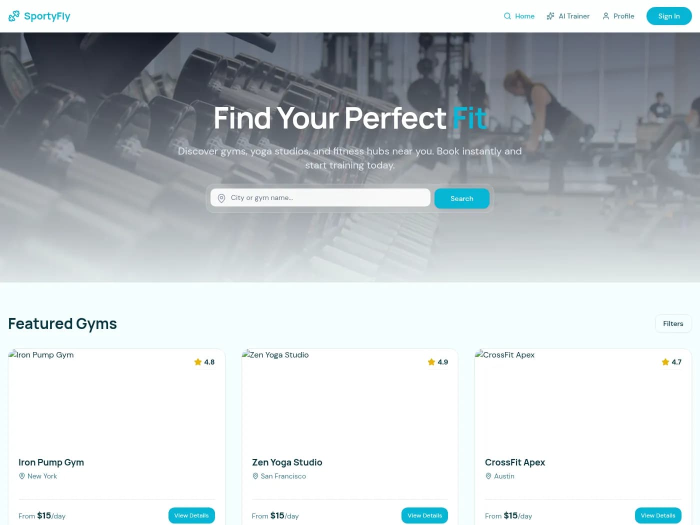 SportyFly — Фитнес-агрегатор с AI-тренером и покупкой абонементов онлайн