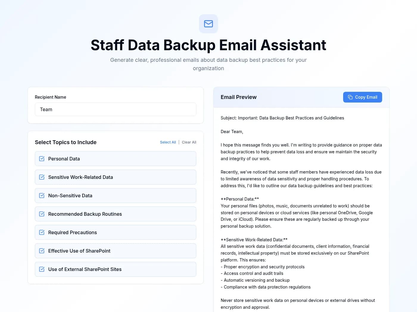 Staff Data Backup Communication Assistant