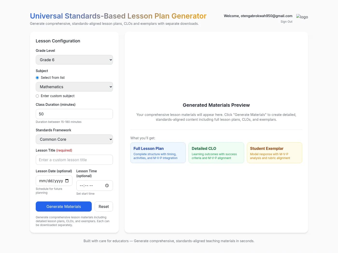Universal Standards-Based Lesson Plan Generator